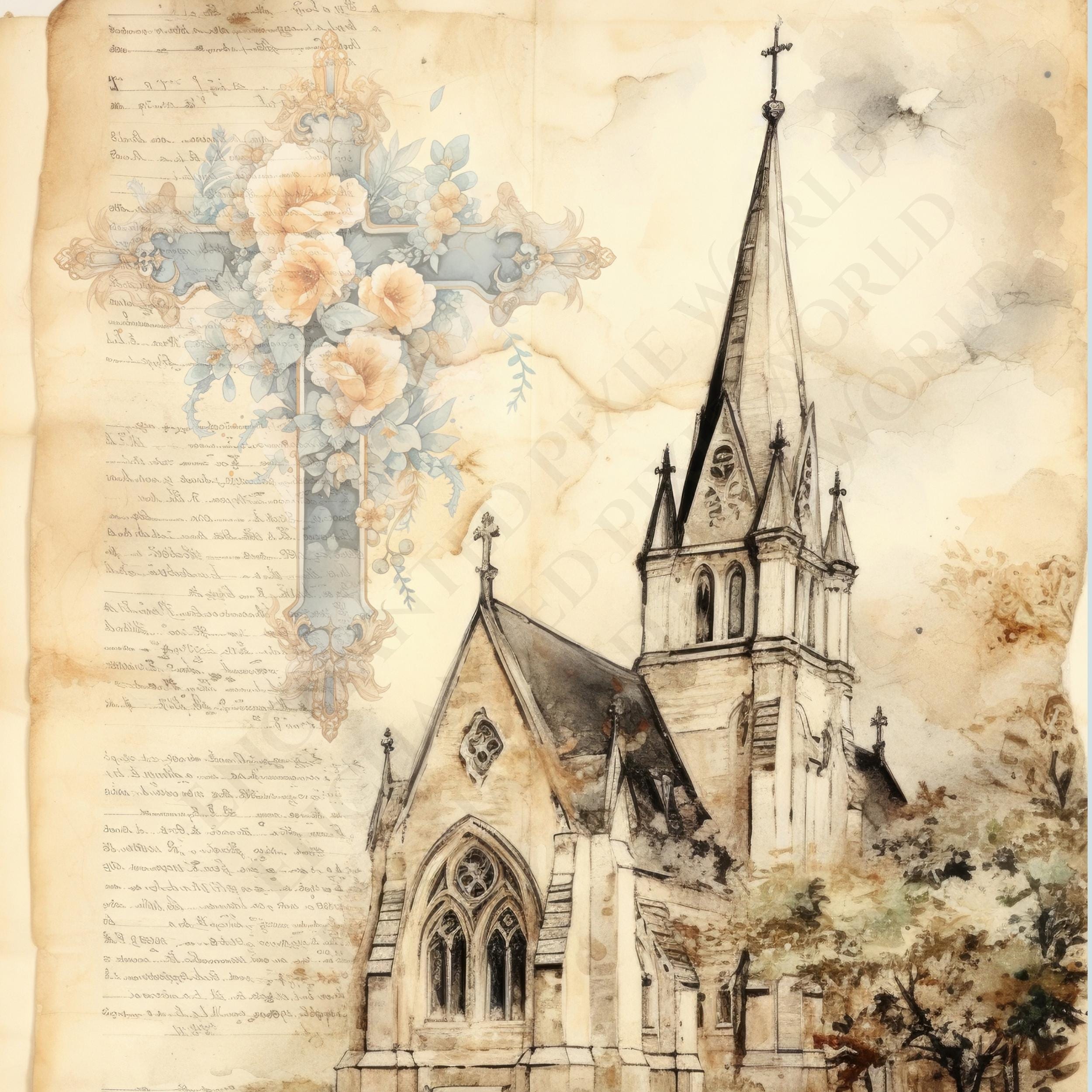 Spiritual Dream Digital Paper Pack, Vintage Church, Floral Cross ...