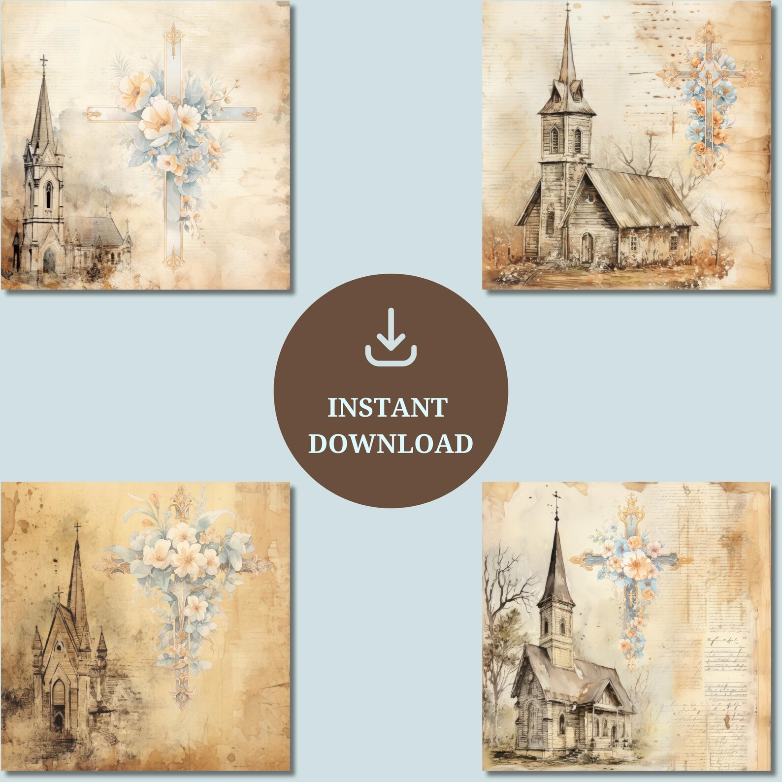 Spiritual Dream Digital Paper Pack, Vintage Church, Floral Cross ...