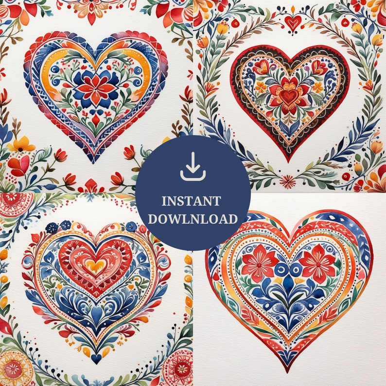 Primary Colours Nordic Folk Art Style Heart Traditional Scandinavian ...