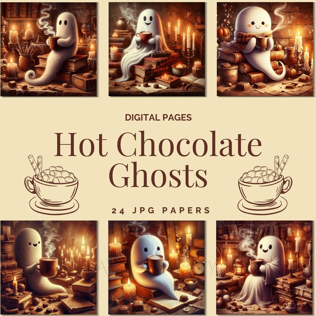 Hot Chocolate Ghost Digital Paper, Adorable Cosy Halloween Scene ...