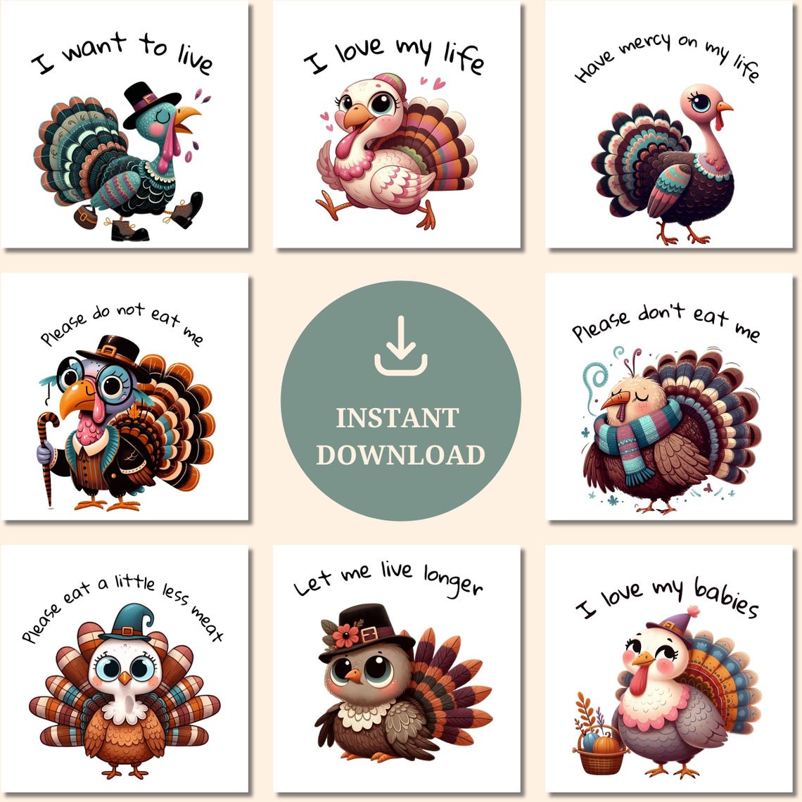 Save a Turkey Digital Paper - Whimsical Thanksgiving Poultry ...