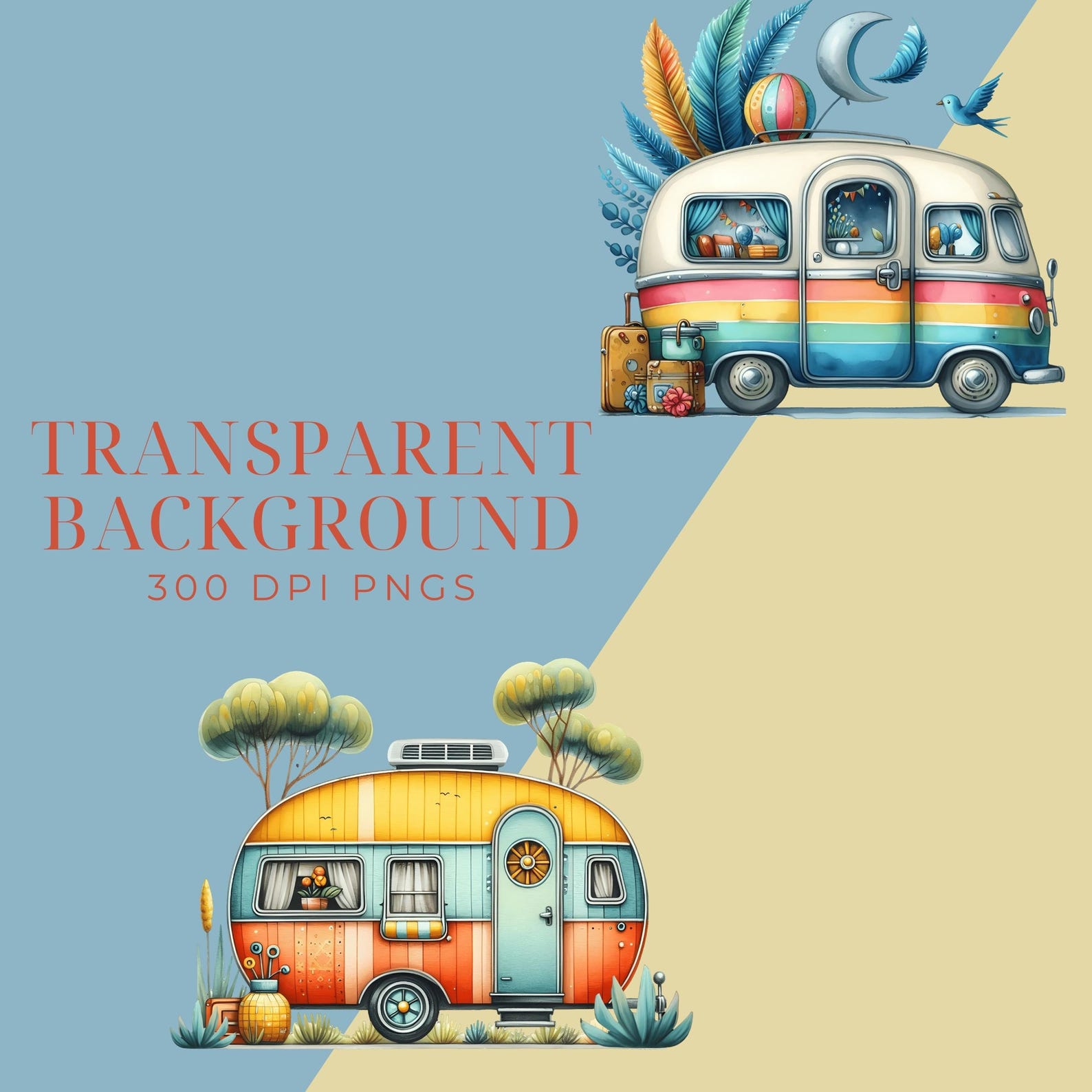 Summer Retro Caravans Clipart Pack, Caravanning Camping Vacation ...