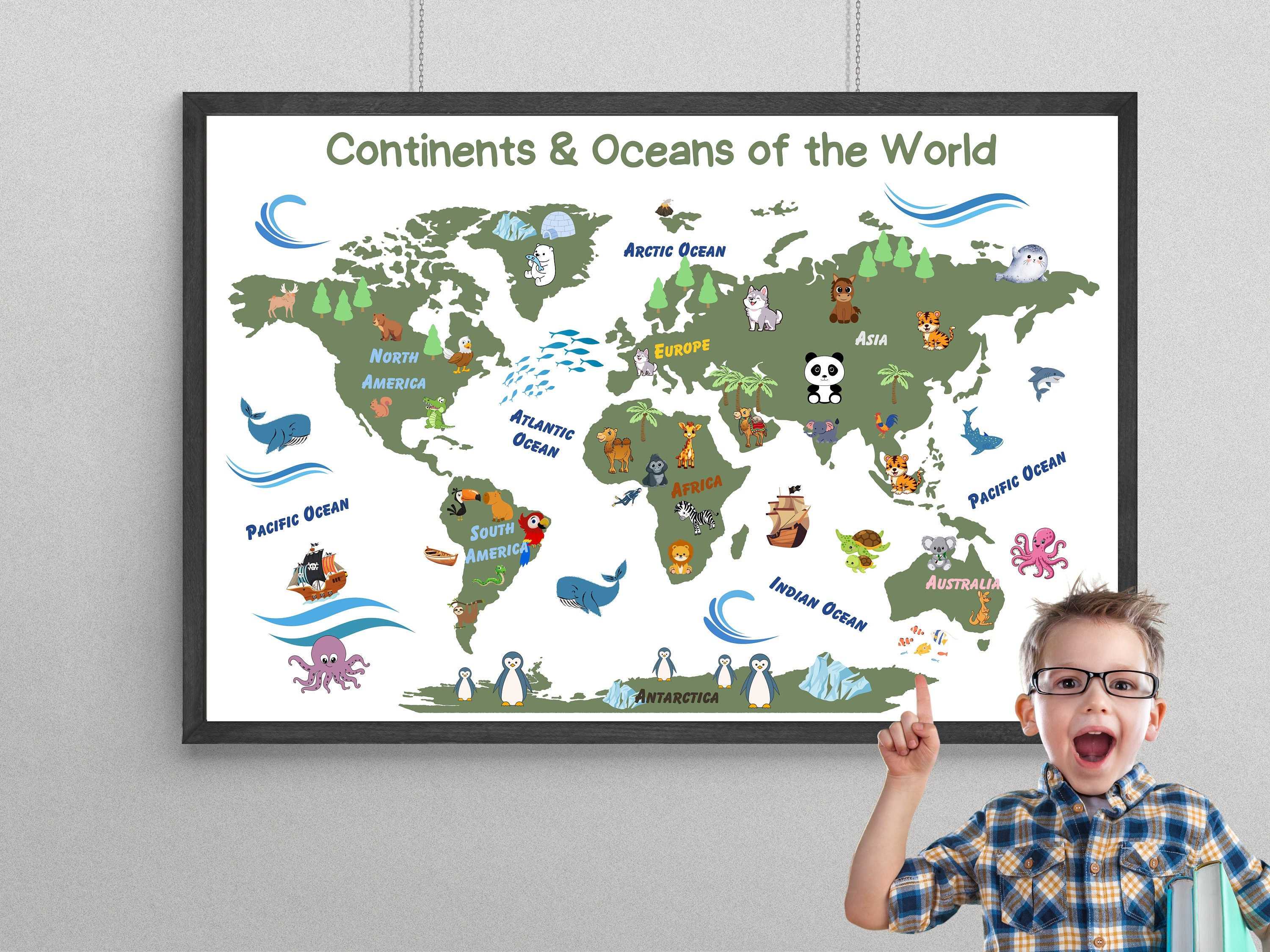 Educational World Map Poster for Kids: Continents, Oceans, Animals, and ...
