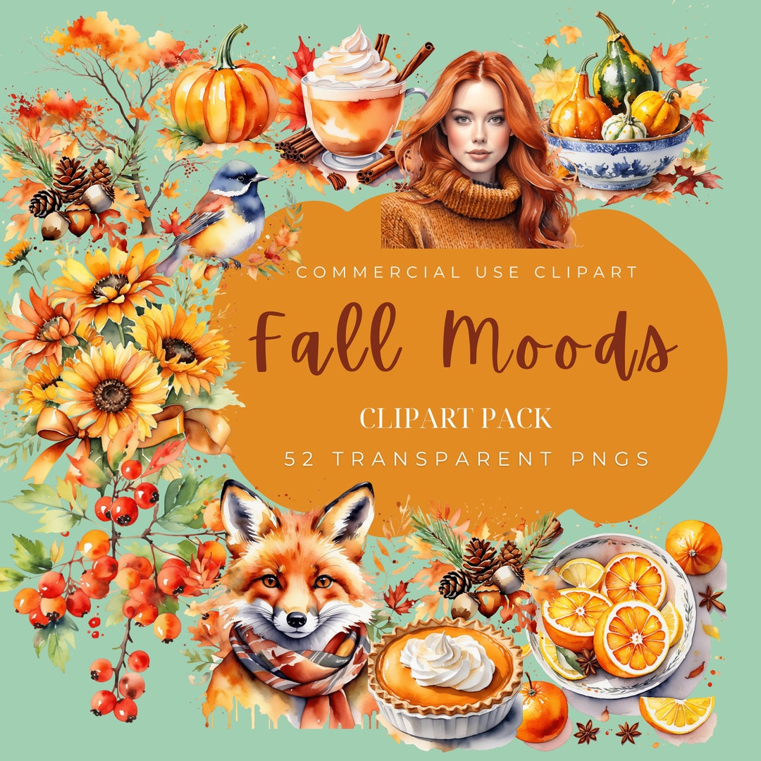 Fall Autumn Moods Clipart Pack Pumpkin Sunflowers Gourd Berries Art Pie ...