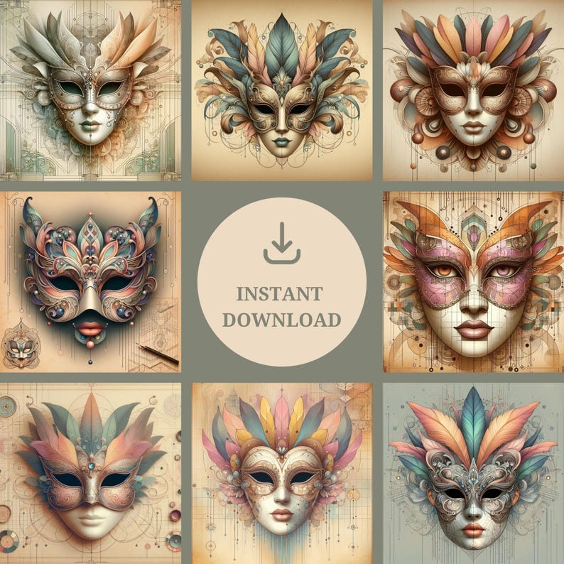 Art Deco Venetian Masks Digital Papers | Masquerade Party Decor ...