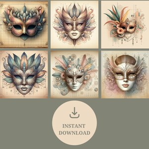 Art Deco Venetian Masks Digital Papers | Masquerade Party Decor ...