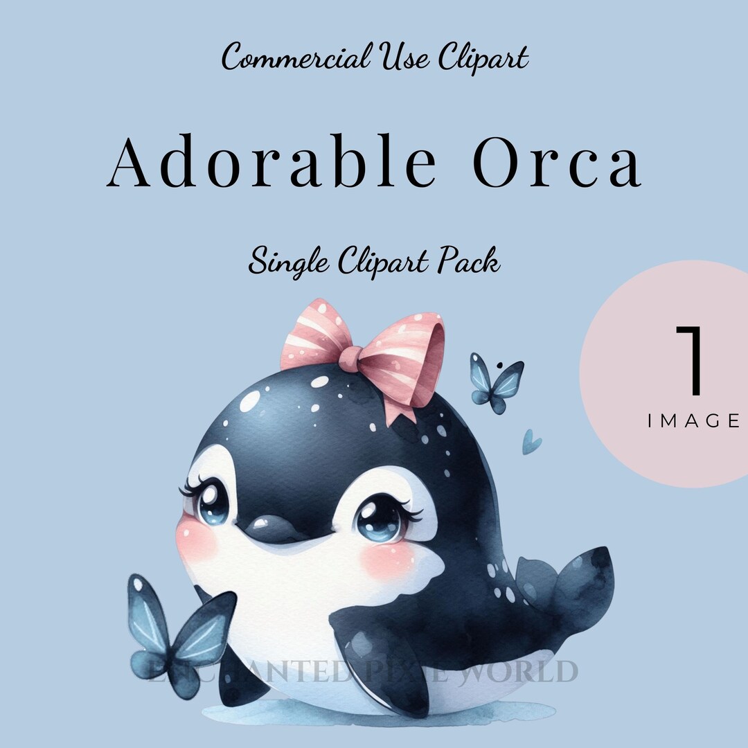 Adorable Orca Clipart - Watercolor Illustration of a Cute Baby Cetacean ...