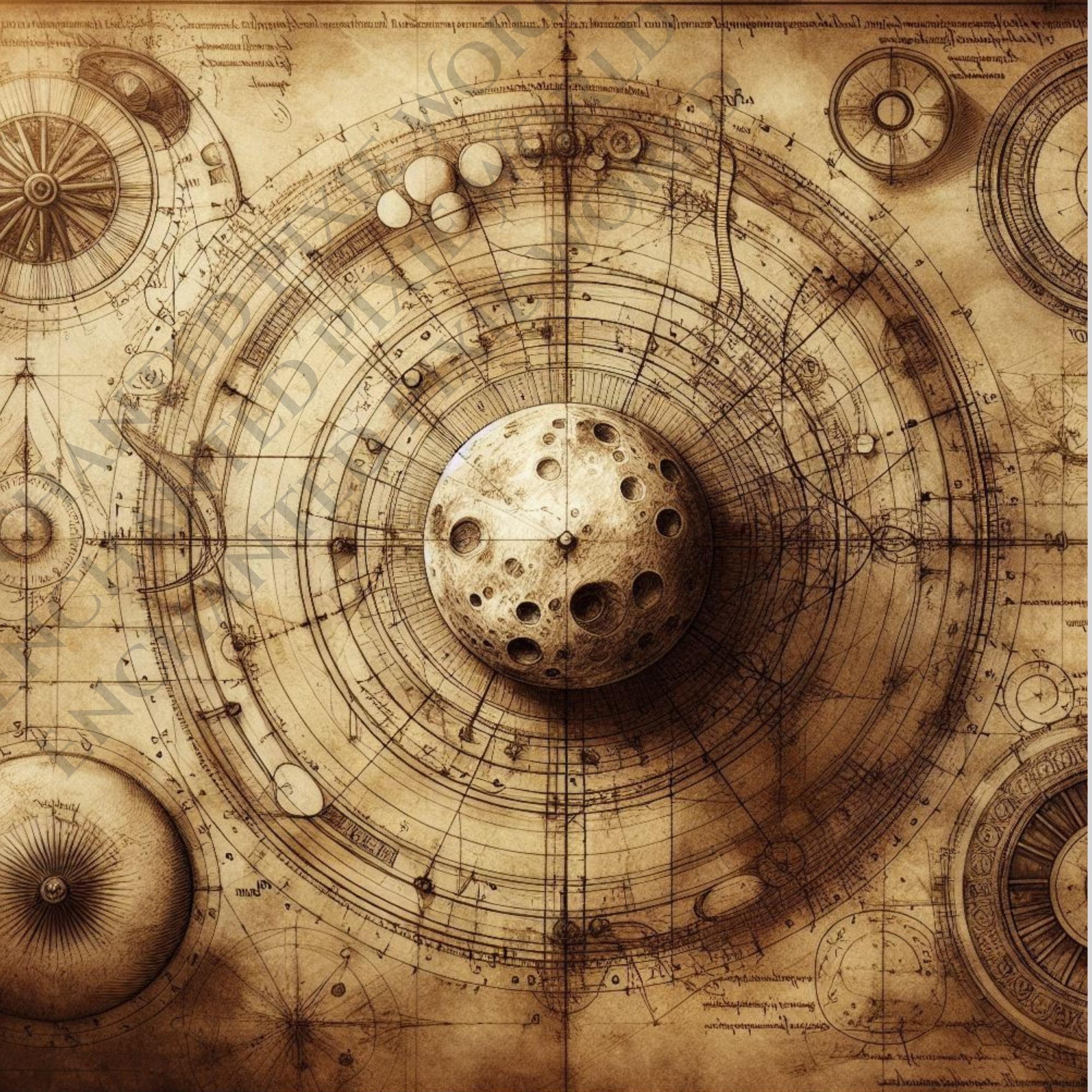 Antique Lunar Chart Digital Paper Pack, Sepia Moon Maps, Vintage ...
