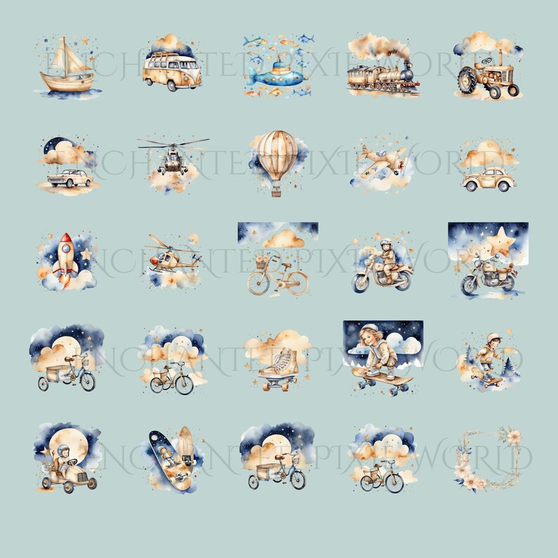 Boho Transport Clipart Pack Van Boat Train Vehicle Illustration Png Car ...
