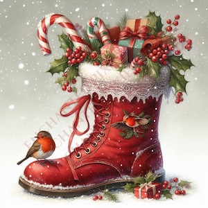 Santa's Boot Watercolour Printable, Red Shoe With Holly and Robin ...