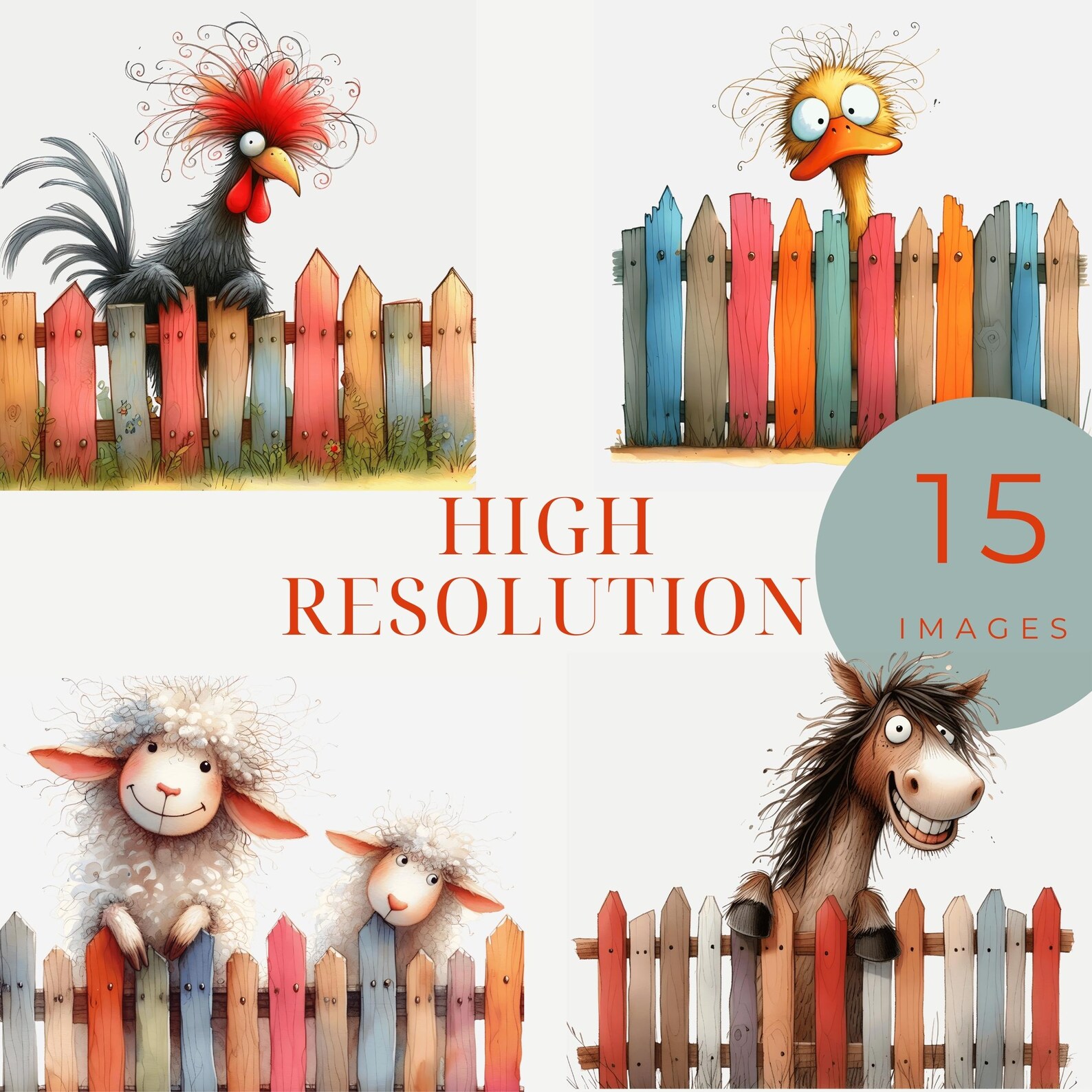 Goofy Farm Animals Behind Wooden Fence Clipart Pack, Colorful Funny ...