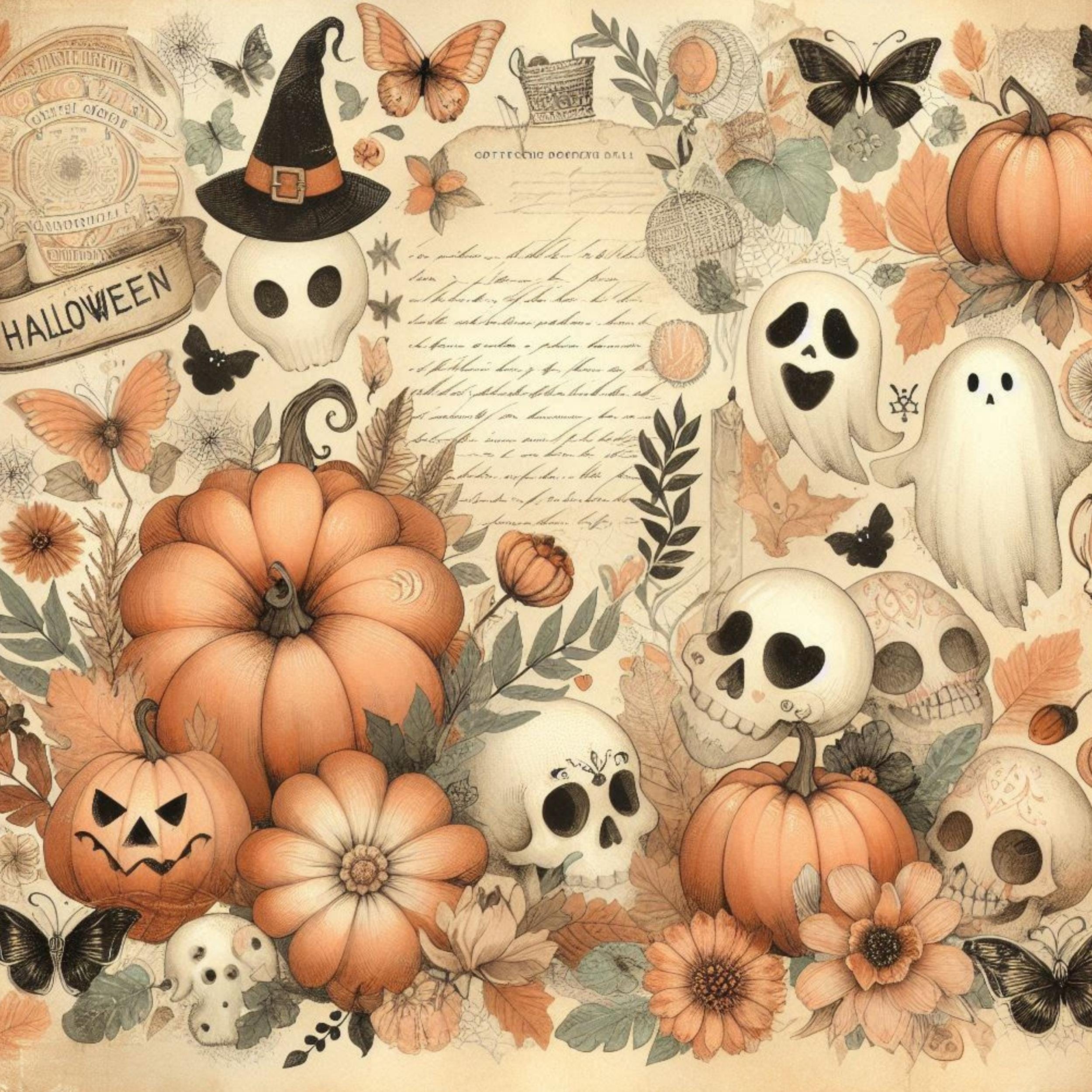 Rustic Cottagecore Halloween Digital Papers With Ghosts, Skulls ...