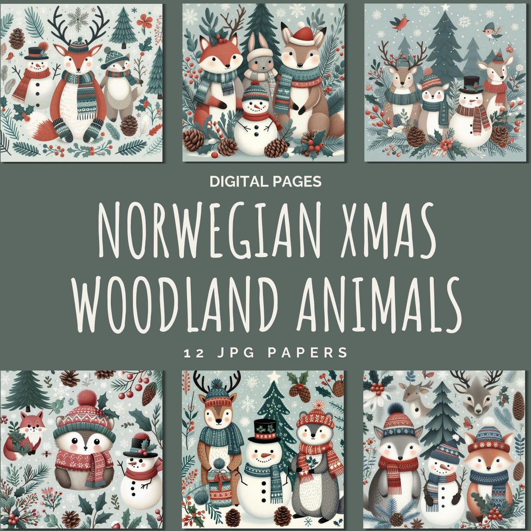 Norwegian Christmas Woodland Animals Digital Paper, Cute Winter Folk ...