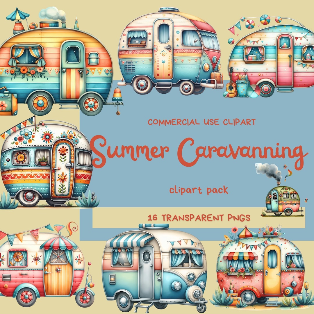 Summer Retro Caravans Clipart Pack, Caravanning Camping Vacation ...