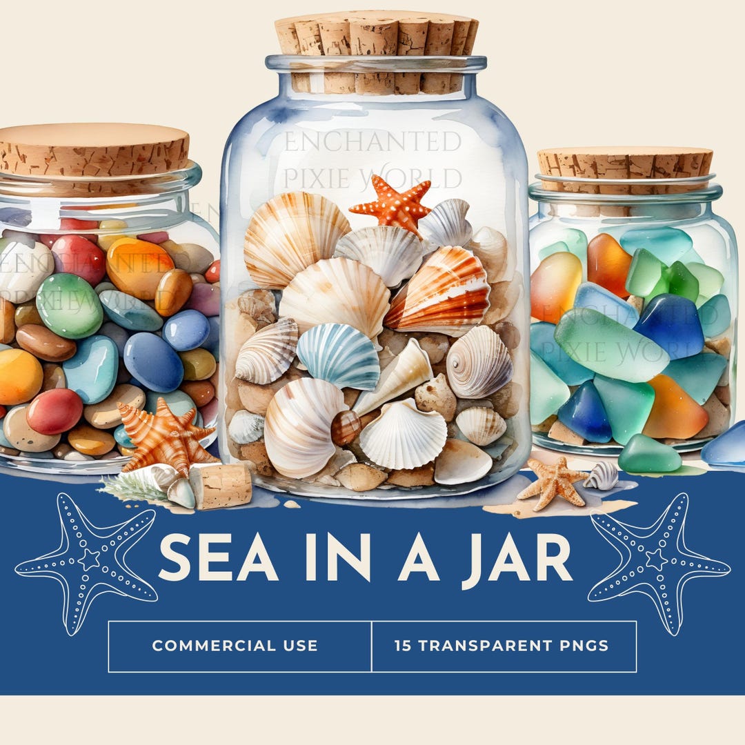 Sea in a Jar Clipart, Watercolor Seashell, Pebble and Glass PNG ...