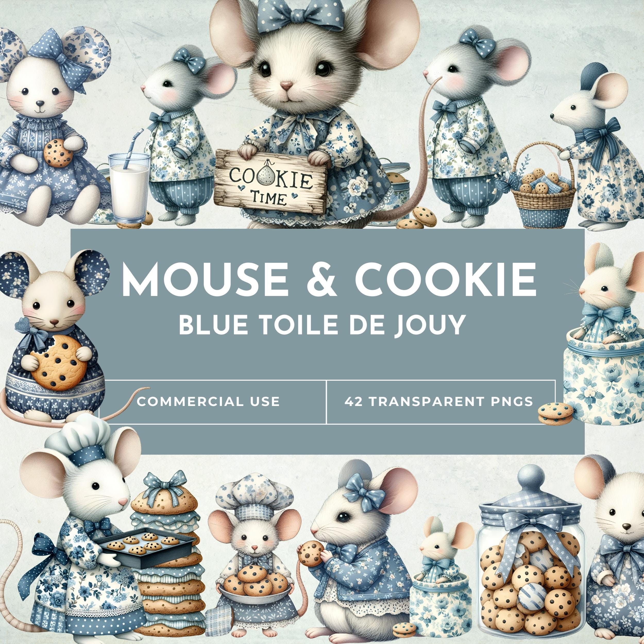 Mouse & Cookie Clipart – French Blue Toile De Jouy Mice, 42 Pngs ...