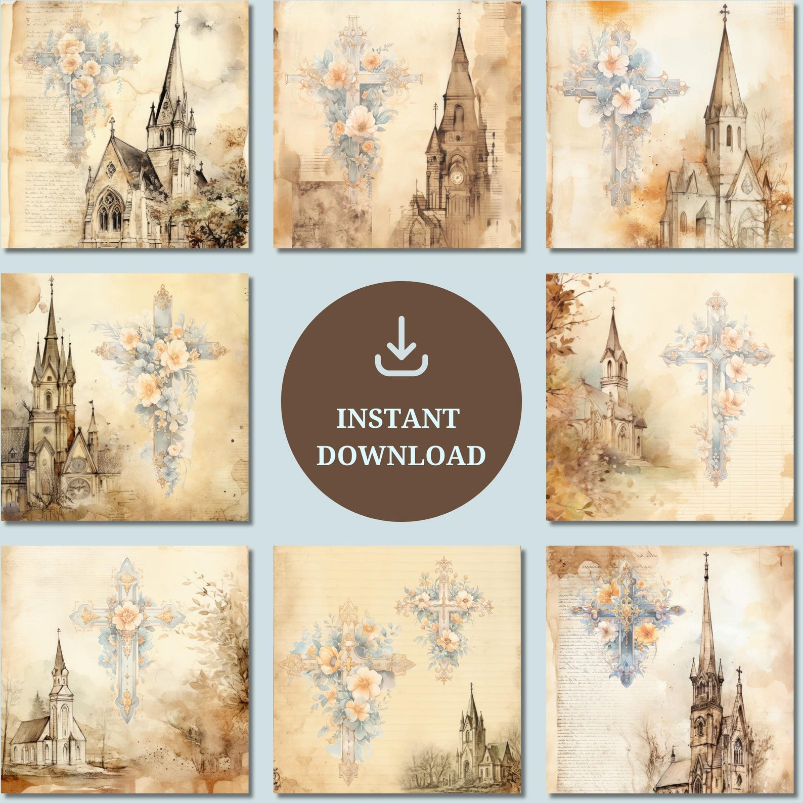 Spiritual Dream Digital Paper Pack, Vintage Church, Floral Cross ...