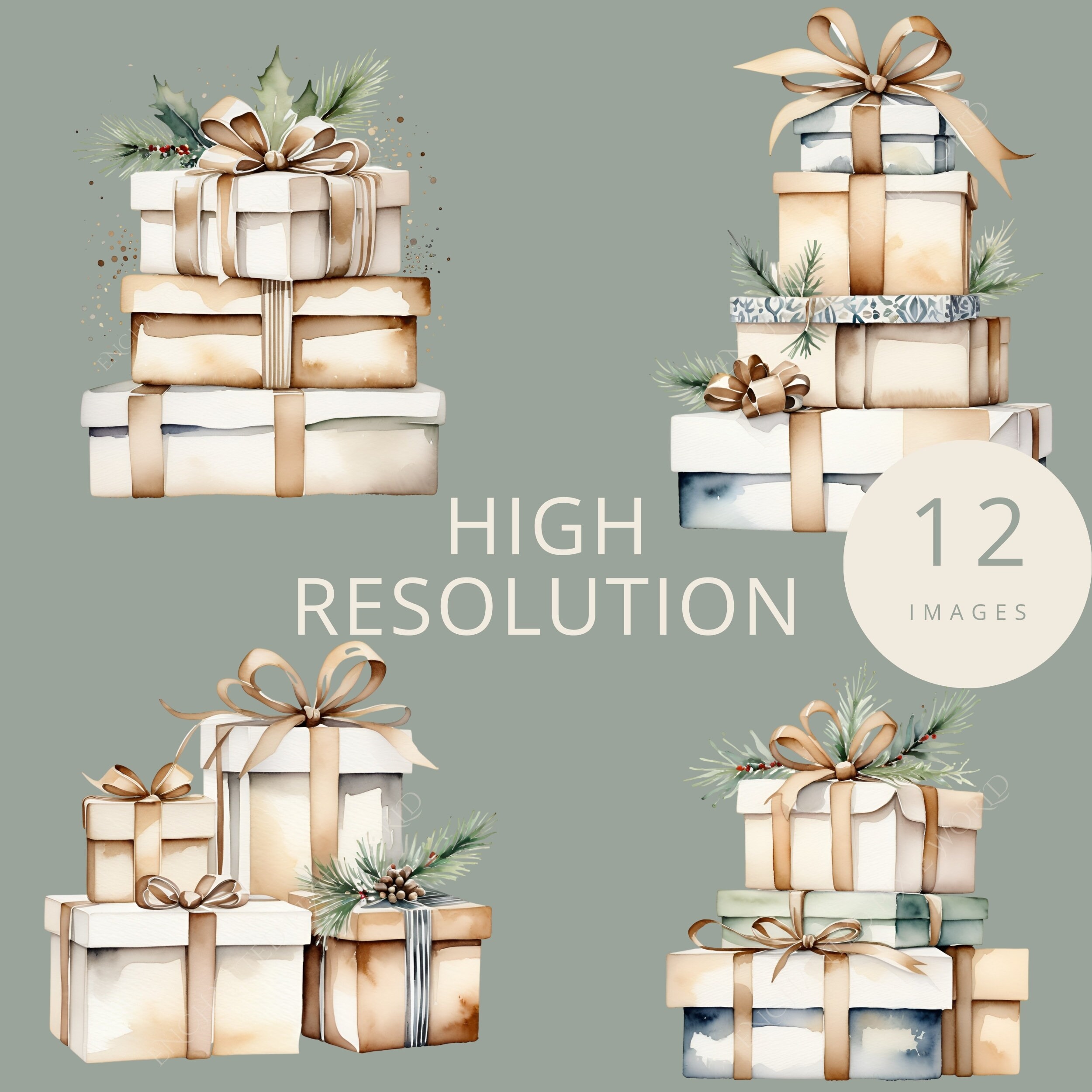 Boho Pastel Christmas Presents Clipart Pack Xmas Cream Watercolour Bow ...