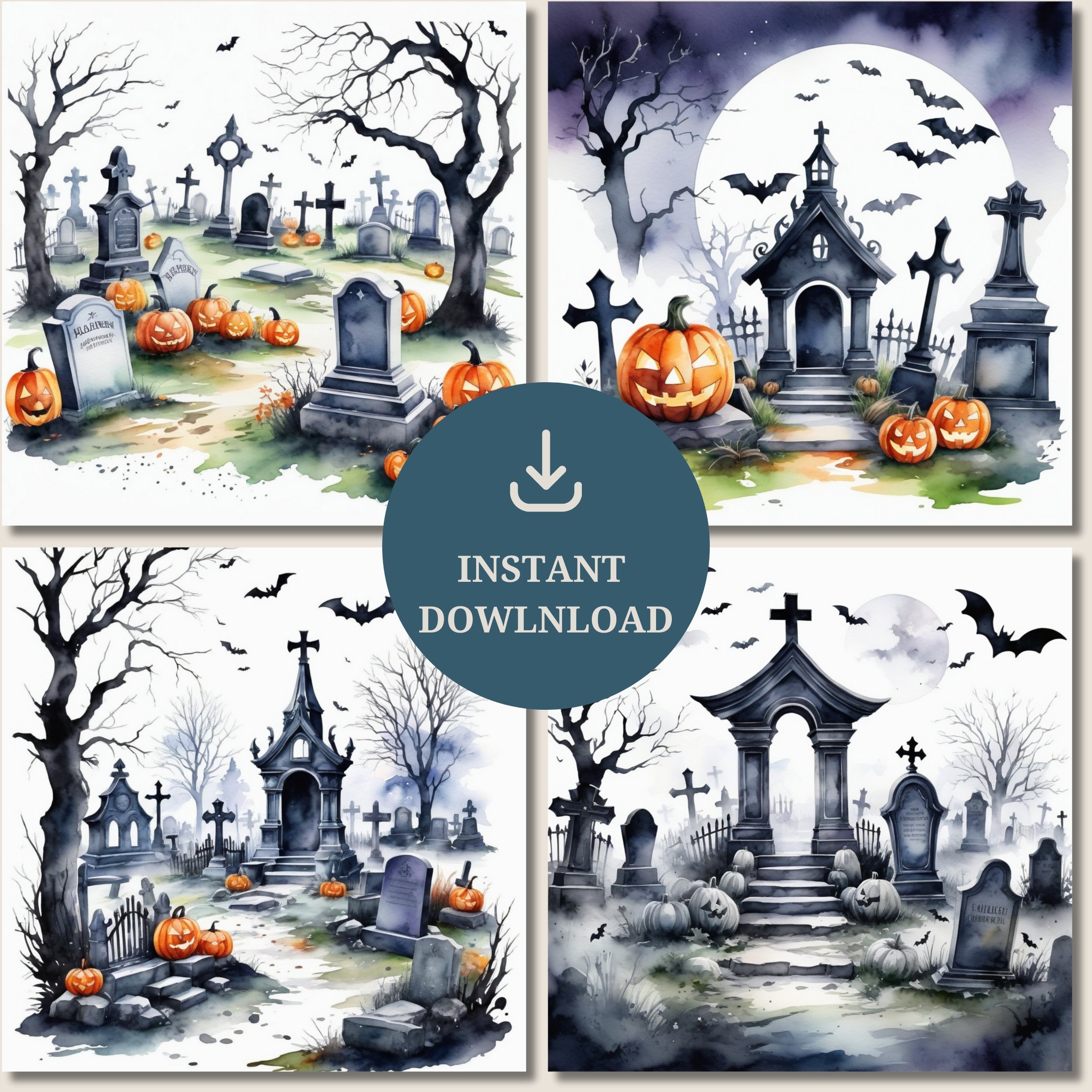 Creepy Halloween Graveyard Digital Papers, Scary, Horror Ephemera ...