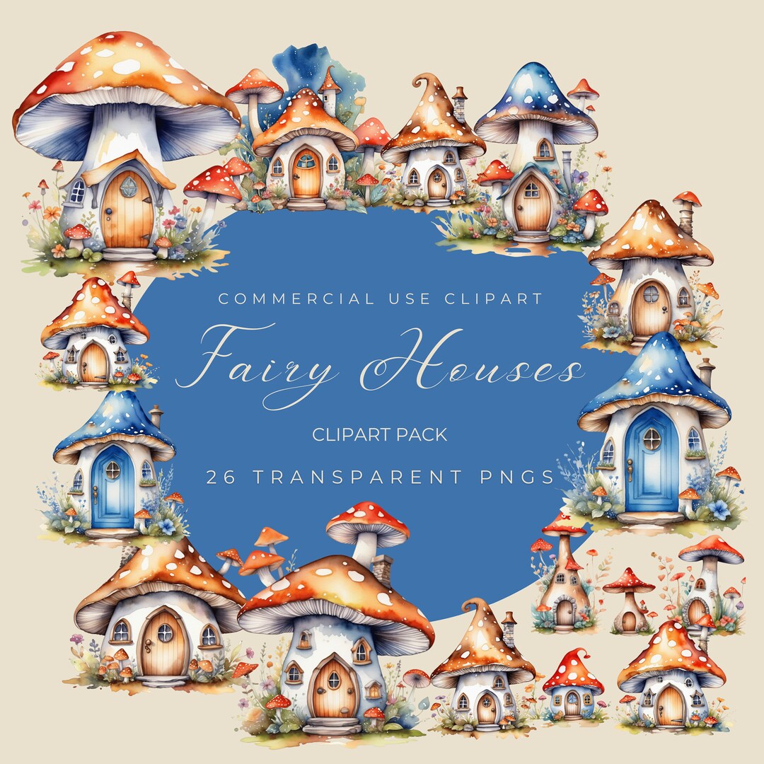 Whimsical Watercolor Fairy Mushroom Houses Clipart Pack Magical ...