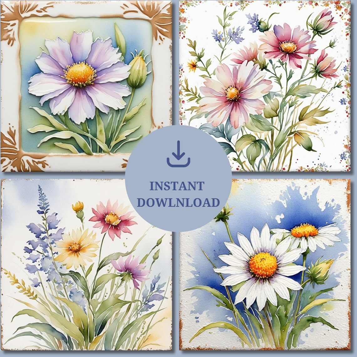 Delicate Prairie Flowers Tiles Digital Papers, Natural Terracotta Earth ...