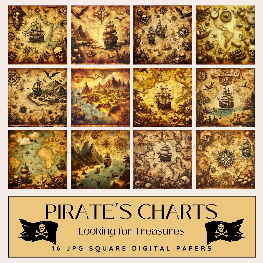 Pirate Treasure Map Digital Paper – 16 Vintage Nautical Charts, Ship ...