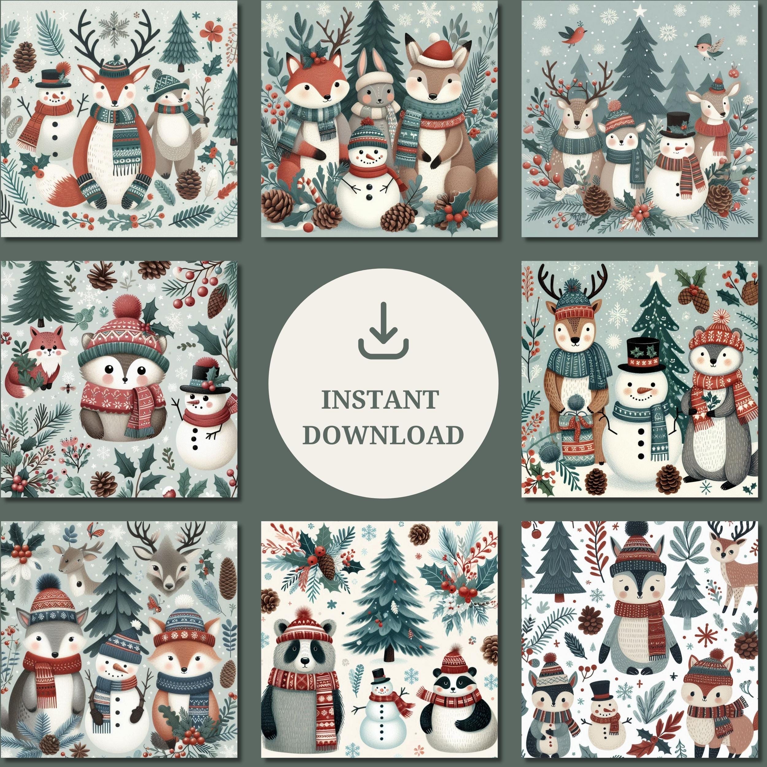 Norwegian Christmas Woodland Animals Digital Paper, Cute Winter Folk ...