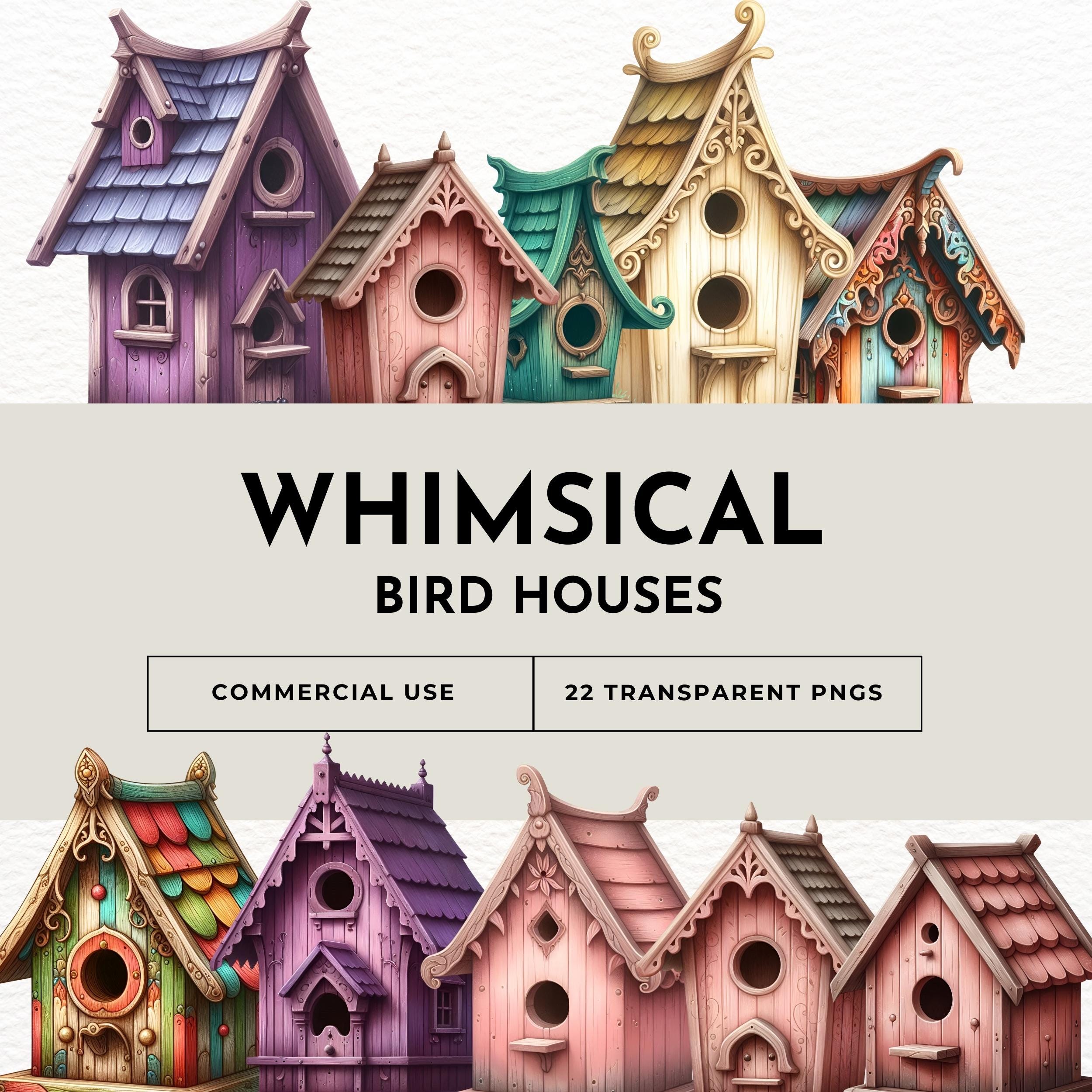 Whimsical Birdhouses Clipart – Vintage Wooden Cottage PNG, Hand-painted ...