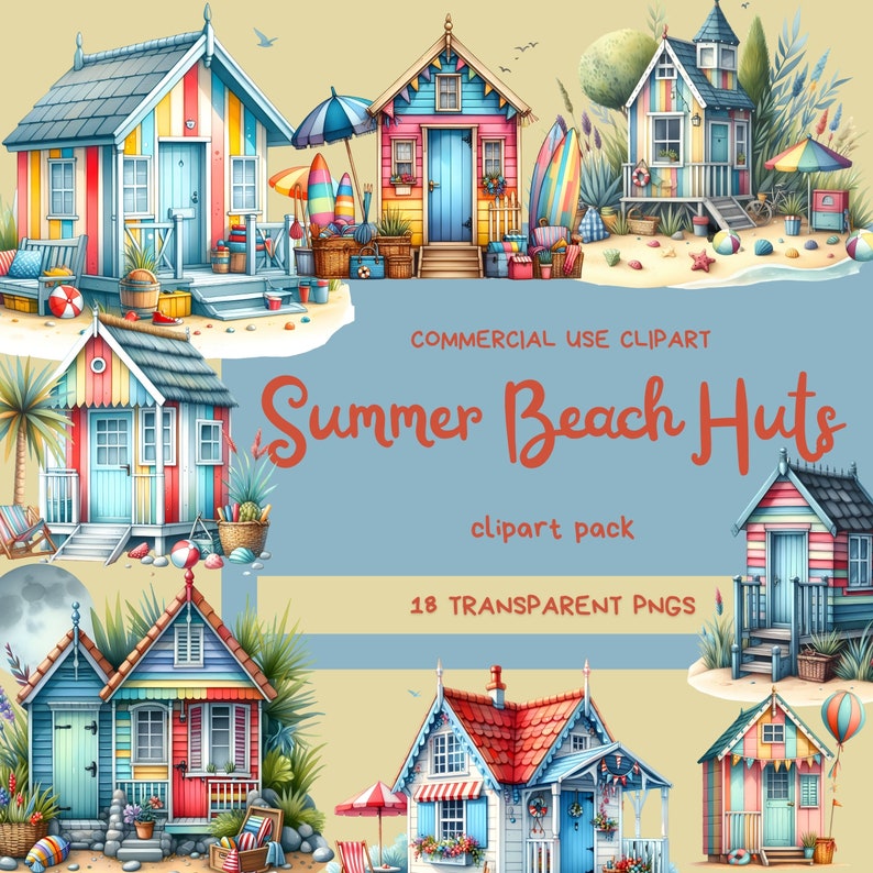 Seaside Beach Huts Clipart Pack, Watercolor Summer Vacation Digital Art ...