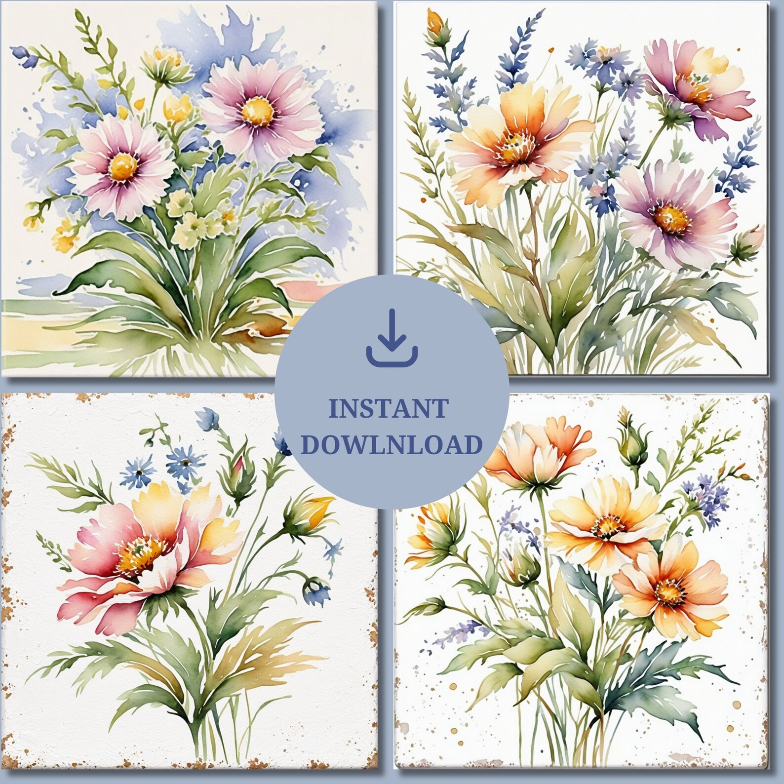 Delicate Prairie Flowers Tiles Digital Papers, Natural Terracotta Earth ...