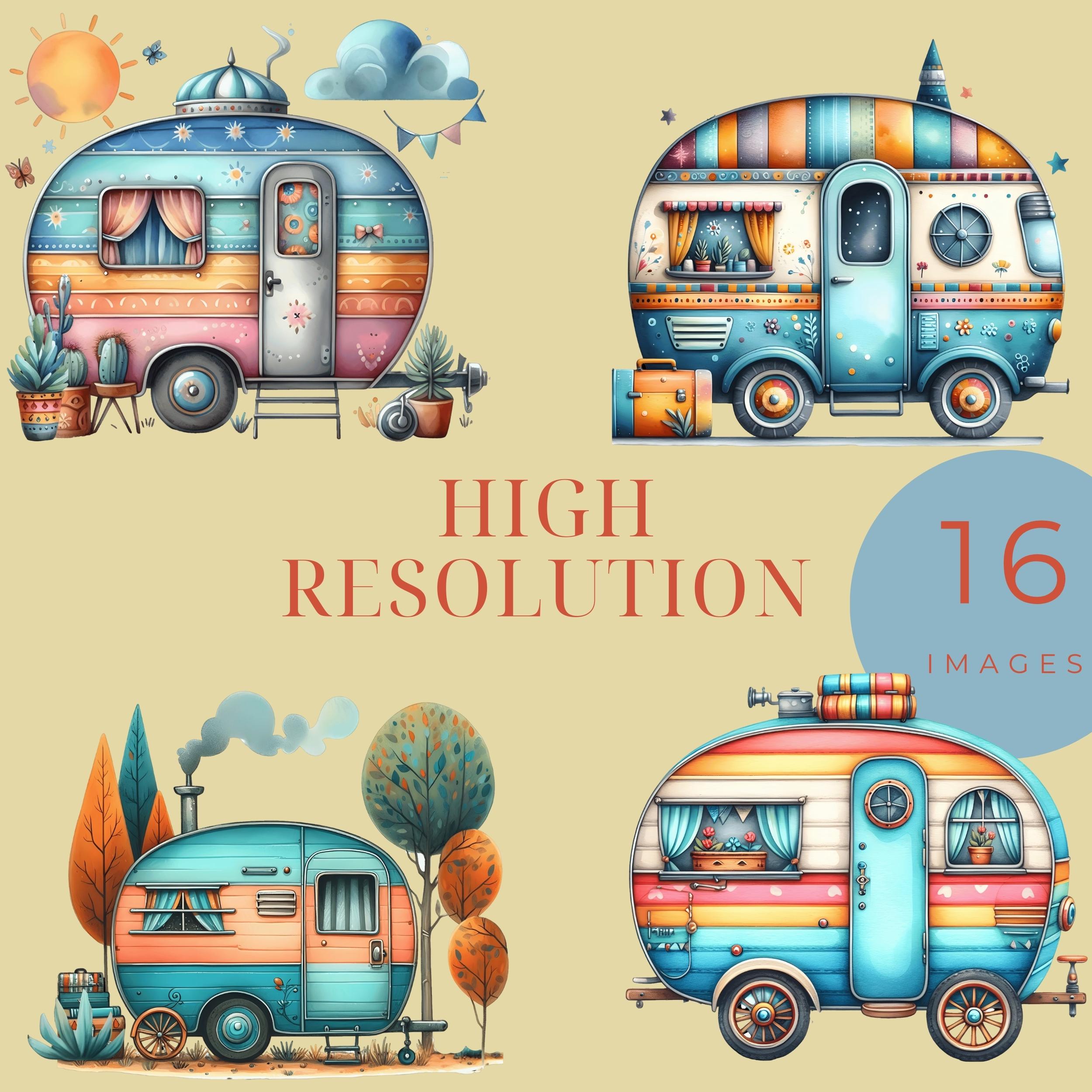 Summer Retro Caravans Clipart Pack, Caravanning Camping Vacation ...