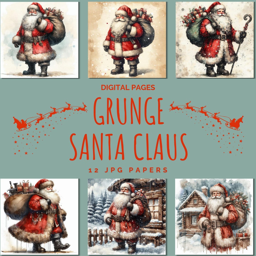 Grunge Santa Claus Digital Paper, Vintage Watercolor Seasonal Art ...