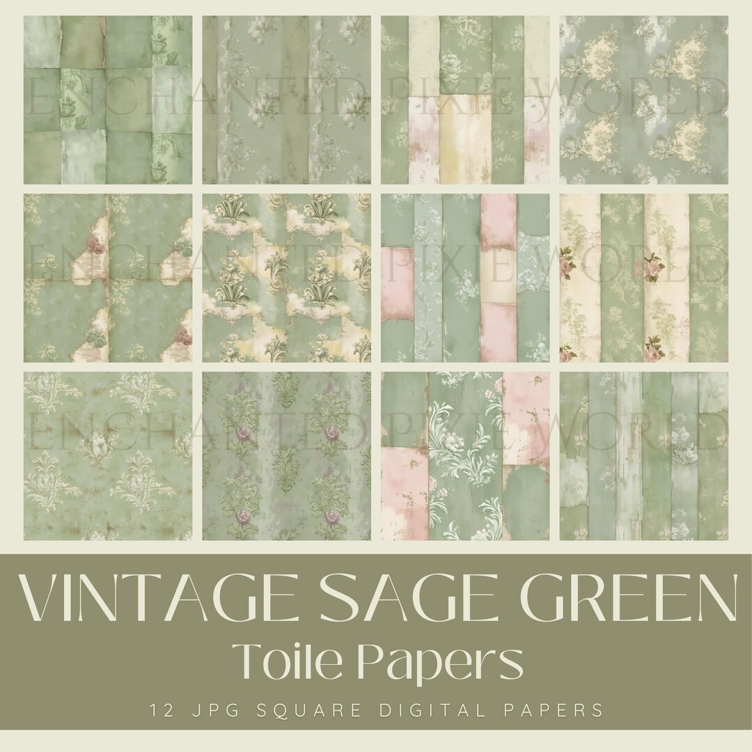 Sage Green Toile Digital Paper Pack, Vintage Aesthetic Scrapbook ...