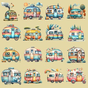 Summer Retro Caravans Clipart Pack, Caravanning Camping Vacation ...