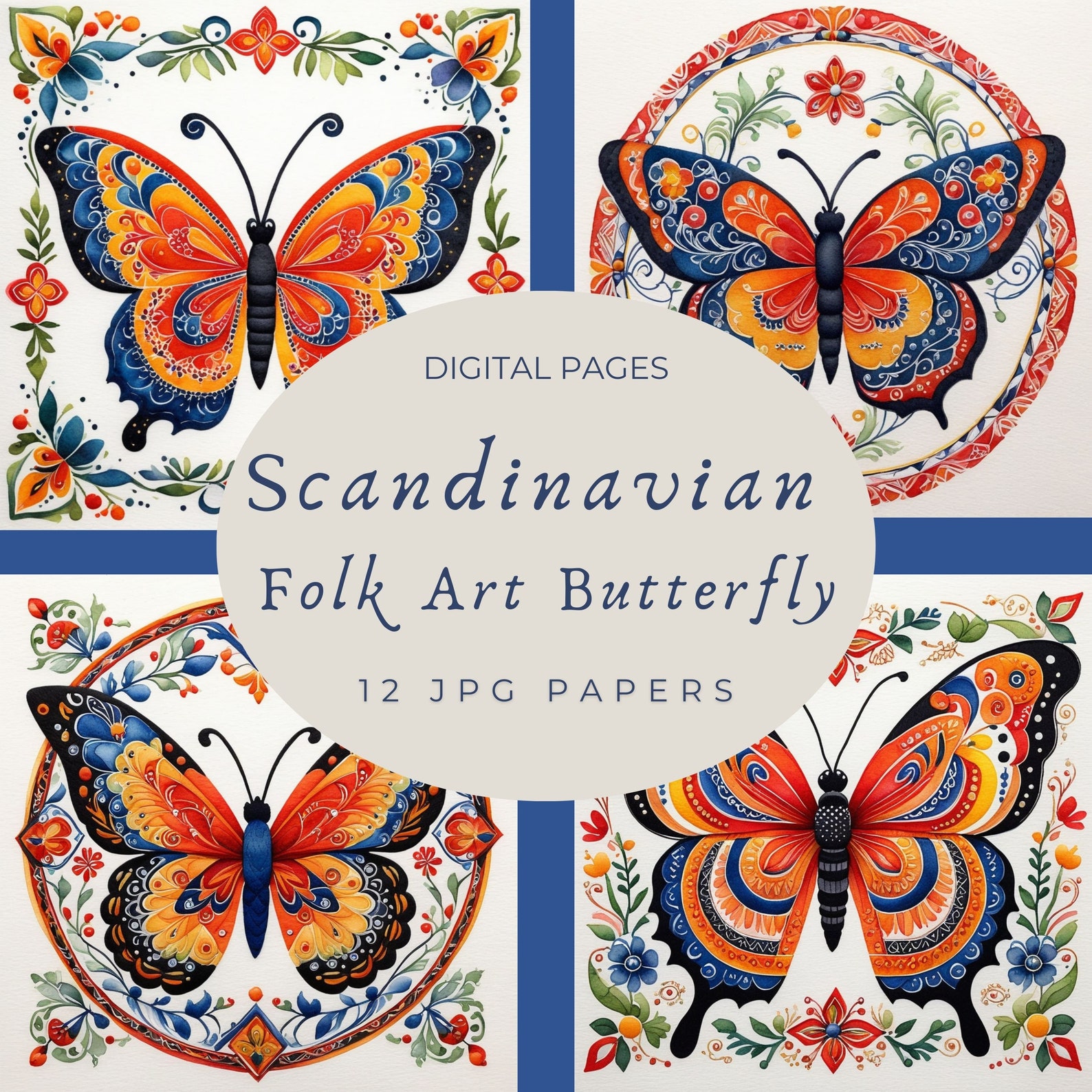 Primary Colors Nordic Folk Art Style Butterfly Traditional Scandinavian ...