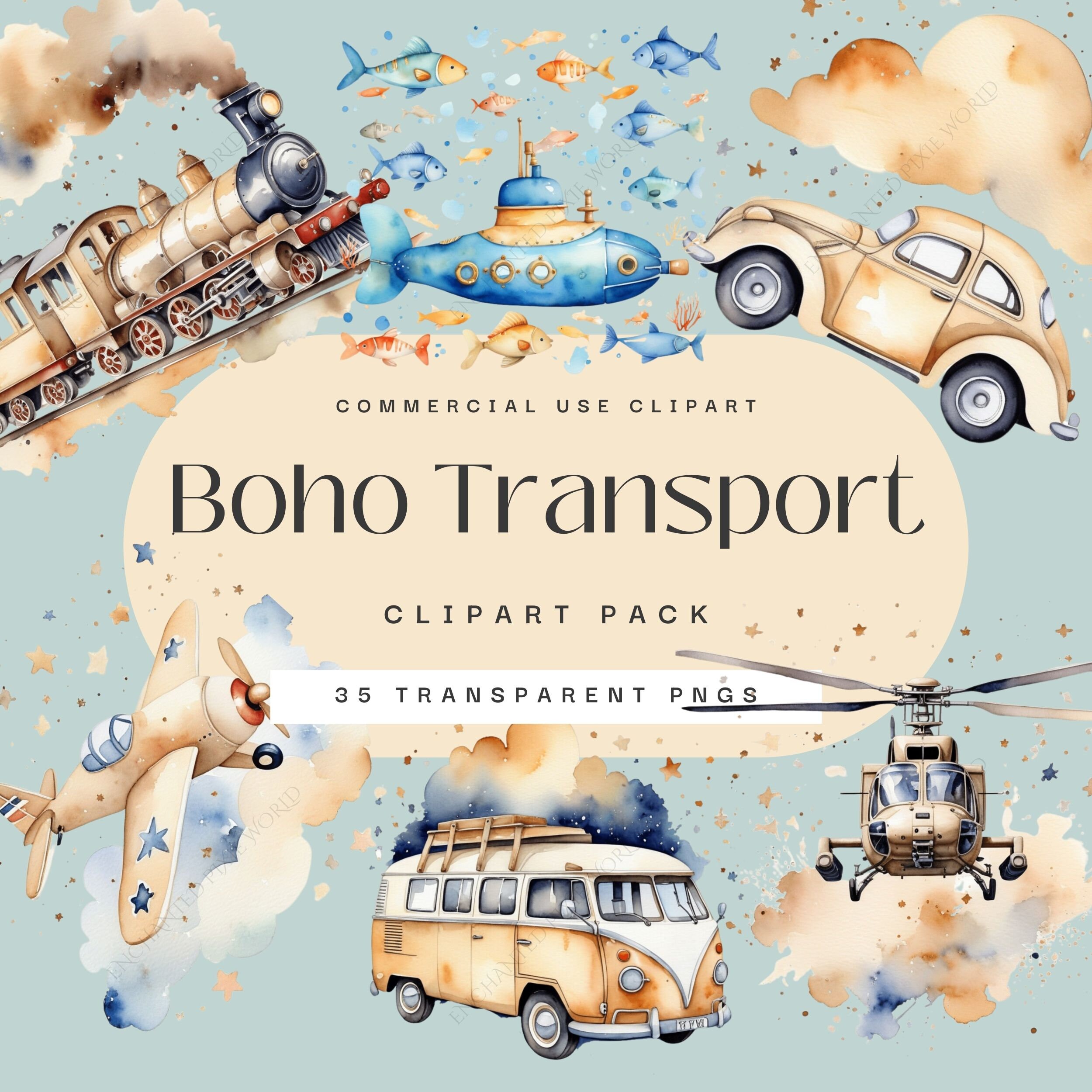 Boho Transport Clipart Pack Van Boat Train Vehicle Illustration Png Car ...
