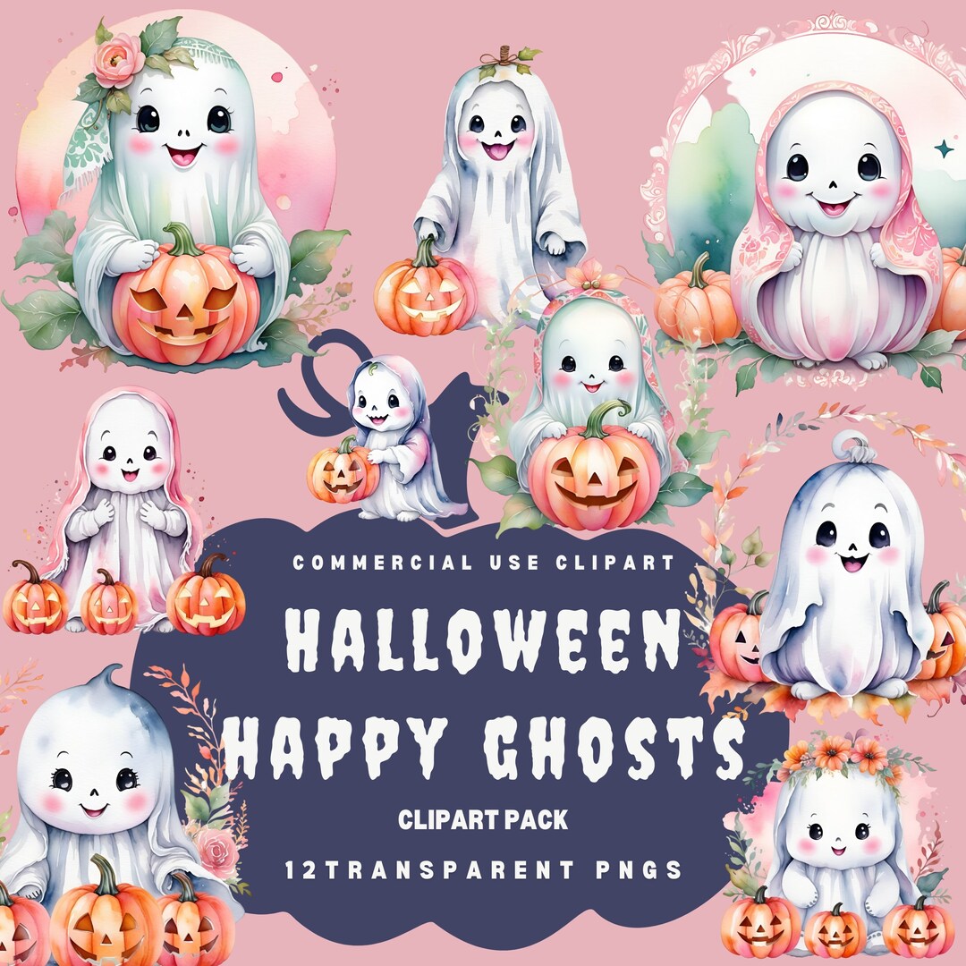 Halloween Happy Boho Ghosts Clipart Pack Cute Spooky Sweet Digital Art ...