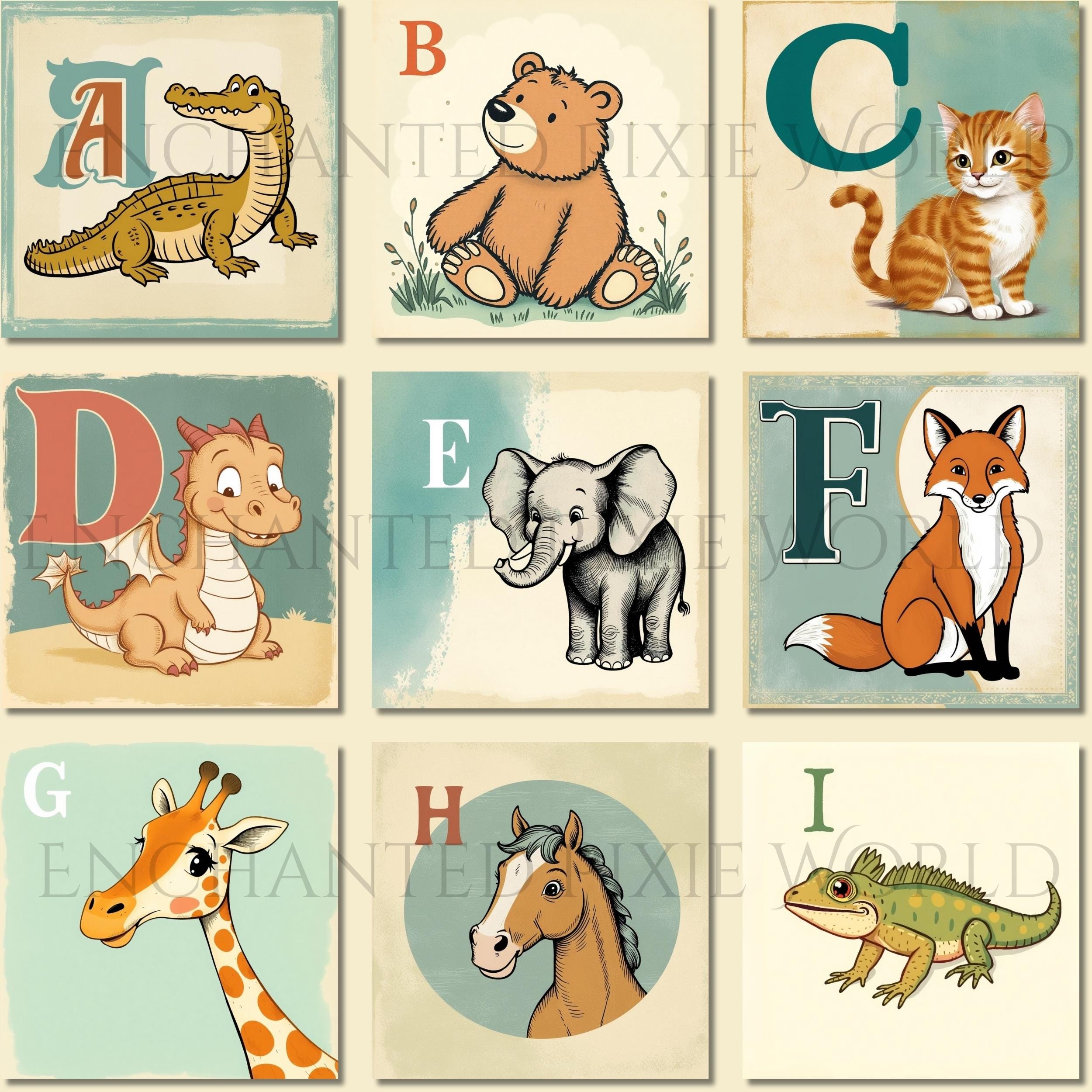 Vintage Animal Alphabet Cards – Illustrated Storybook-style Digital ...