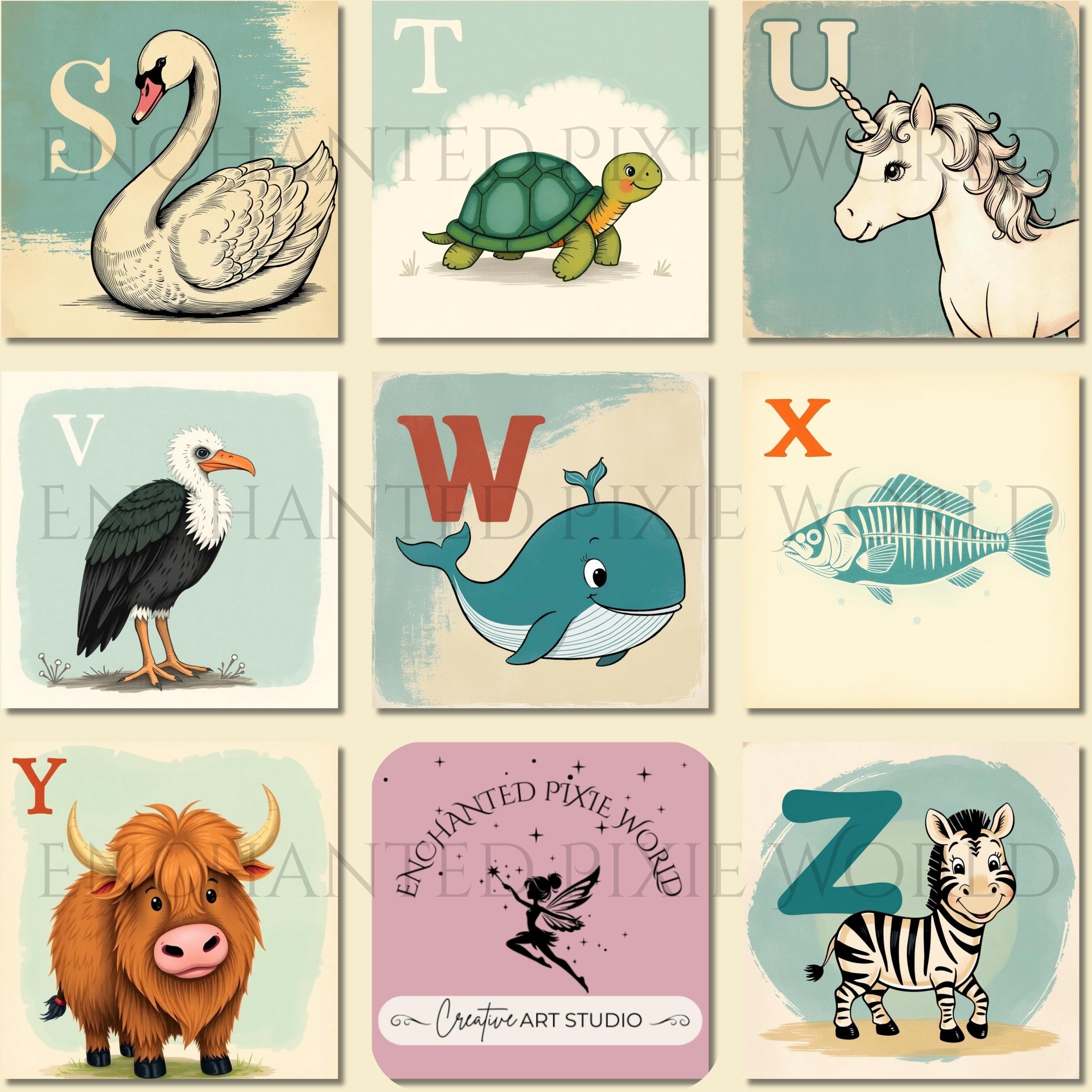 Vintage Animal Alphabet Cards – Illustrated Storybook-style Digital ...