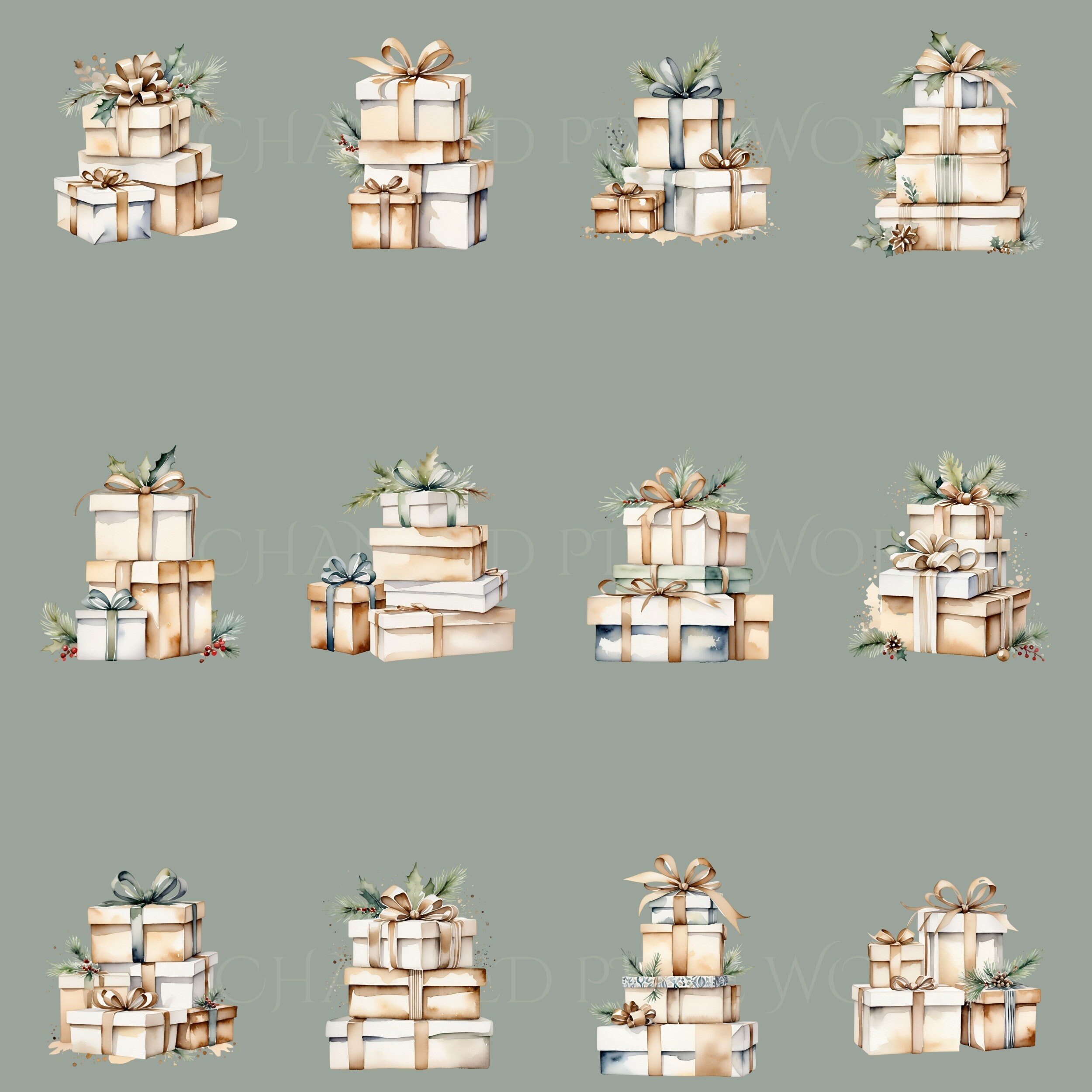 Boho Pastel Christmas Presents Clipart Pack Xmas Cream Watercolour Bow ...