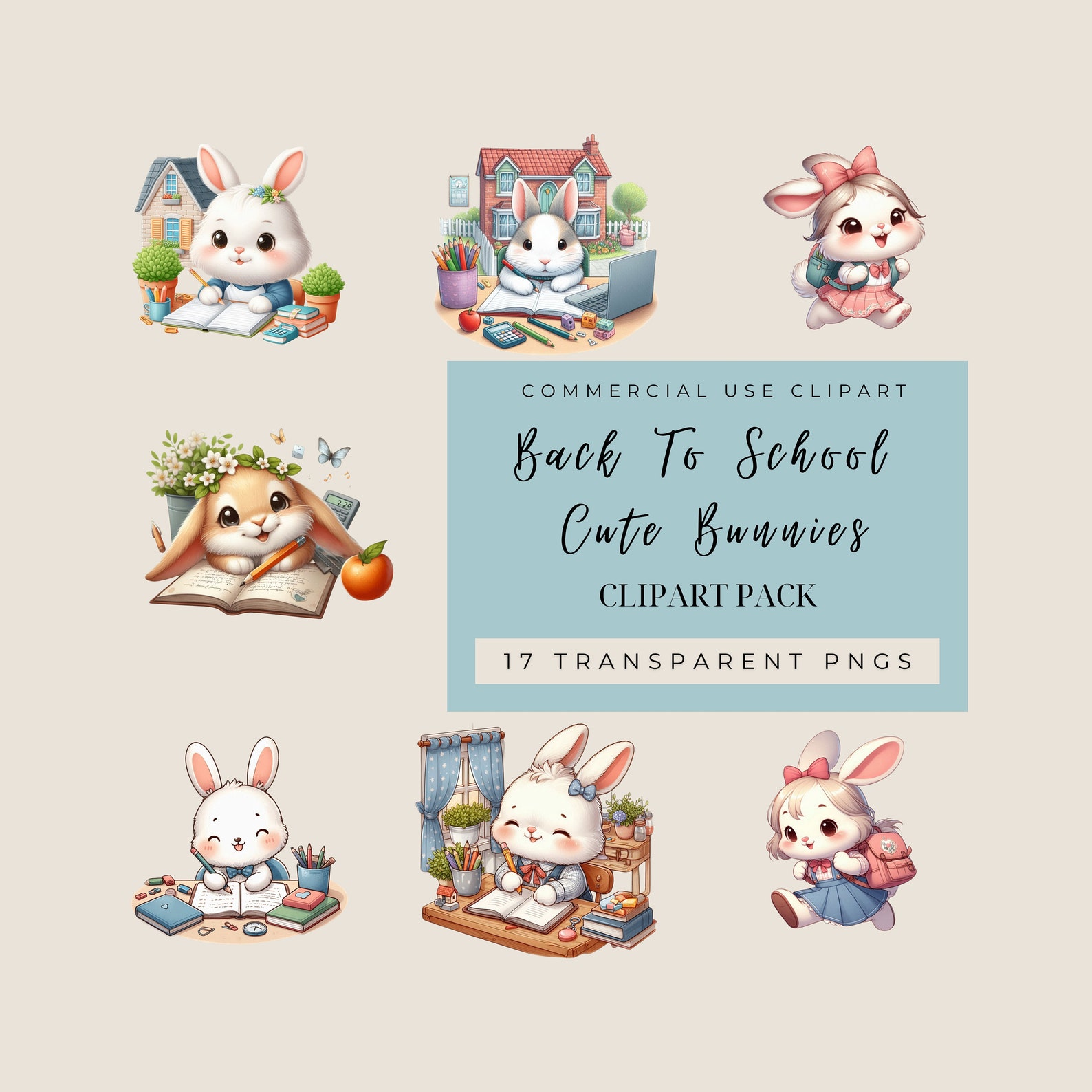 Back to School Bunny Rabbits Clipart Pack Teachers Pupils Digital Art ...