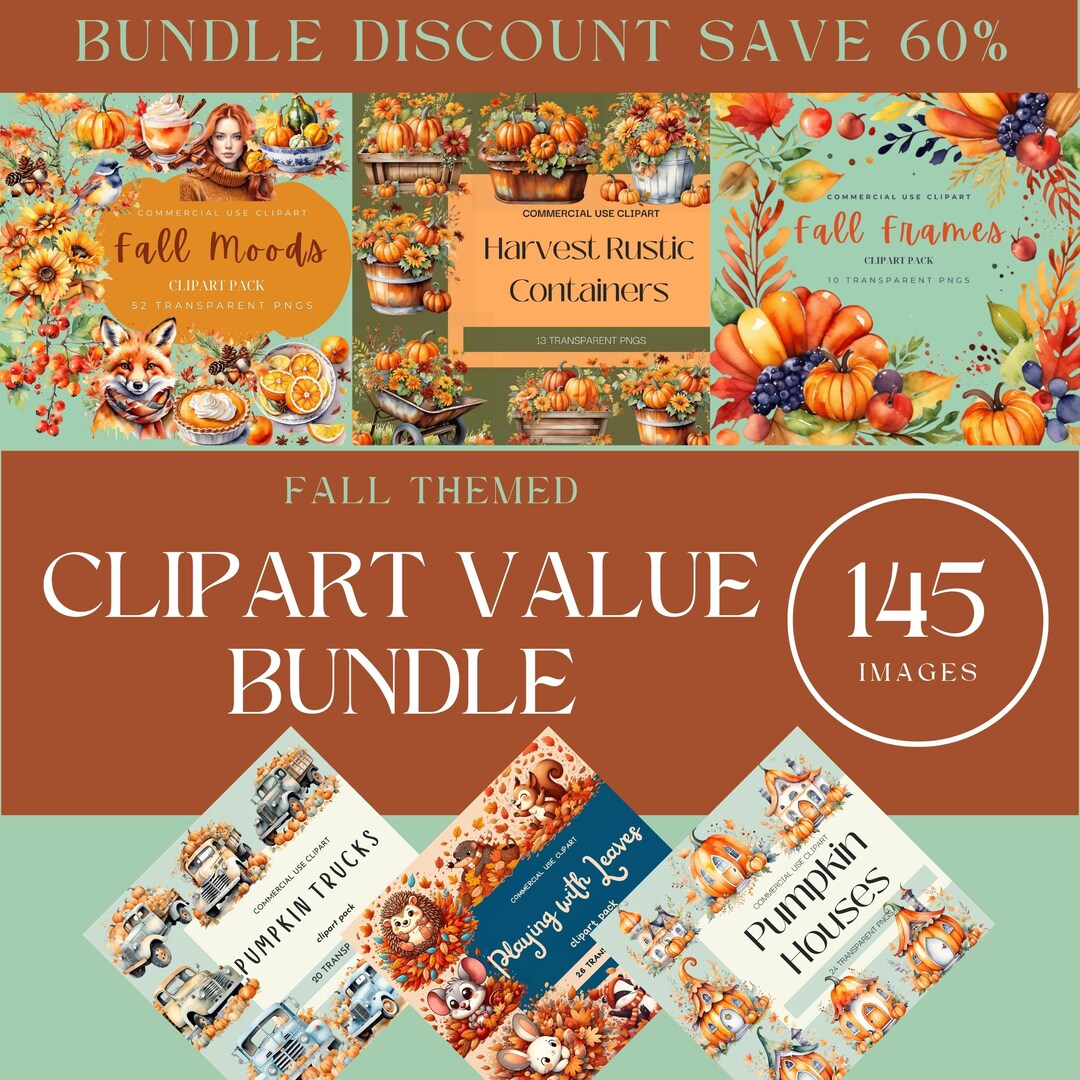 Rustic Fall Clipart BUNDLE, Harvest Containers and Pumpkin Houses, Leaf ...