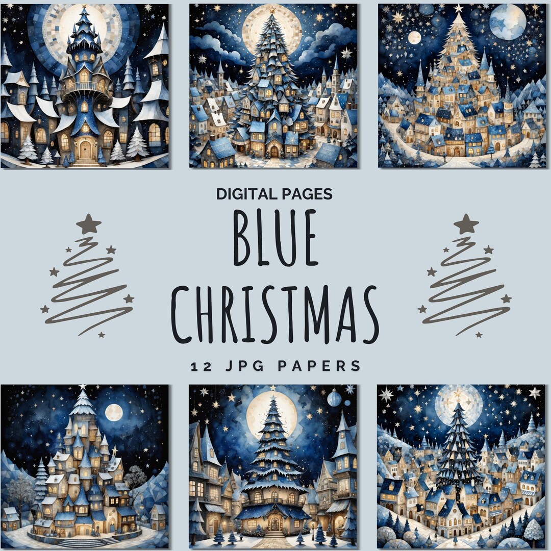 Blue Christmas Digital Paper Pack, Winter Village Art, Festive Snowy ...