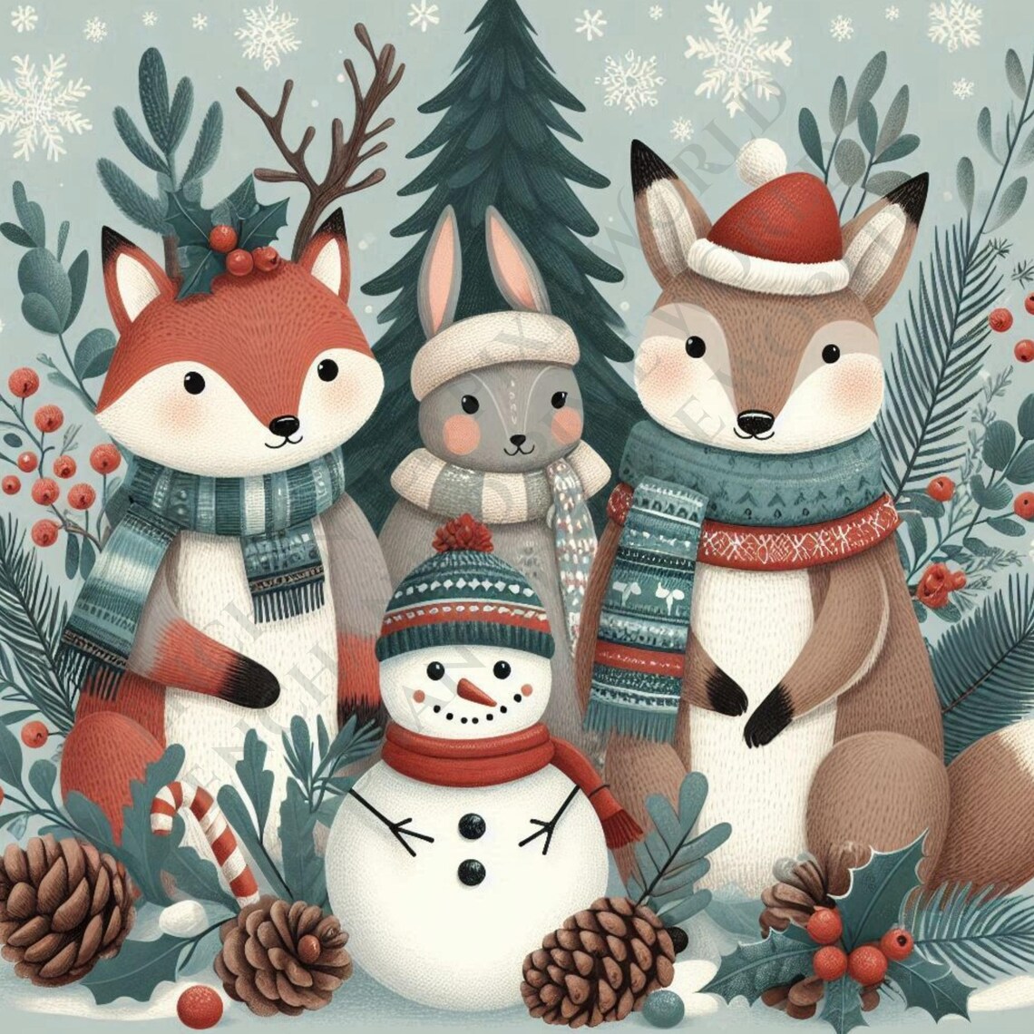 Norwegian Christmas Woodland Animals Digital Paper, Cute Winter Folk ...