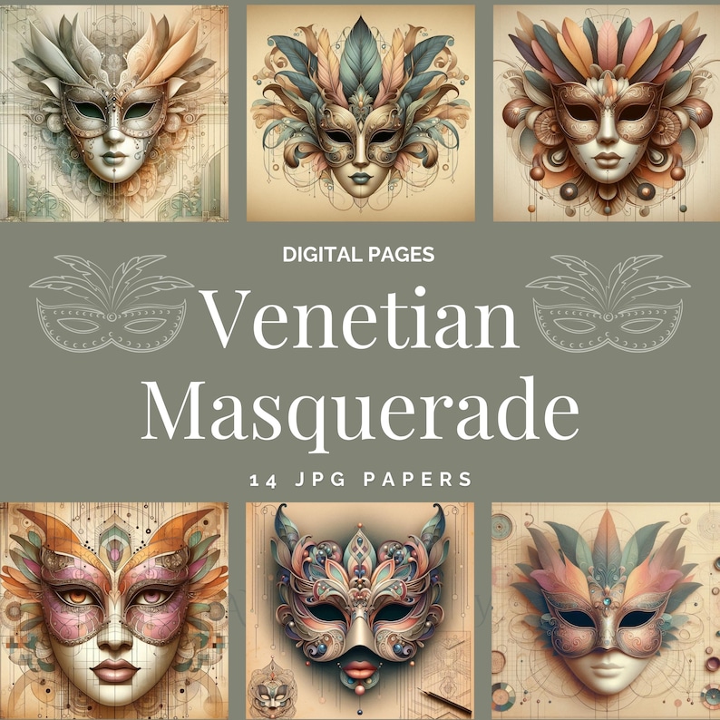 Art Deco Venetian Masks Digital Papers | Masquerade Party Decor ...