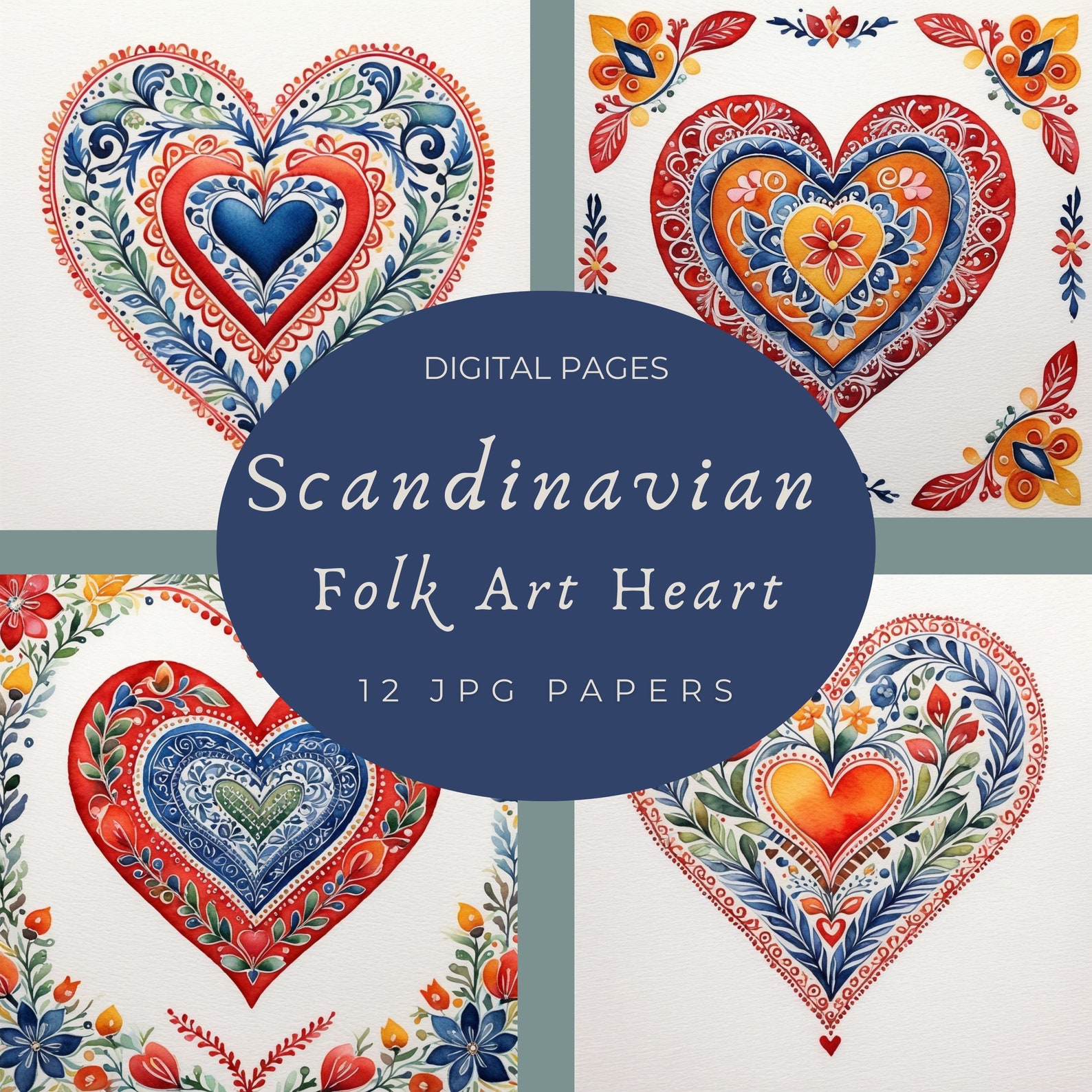 Primary Colours Nordic Folk Art Style Heart Traditional Scandinavian ...
