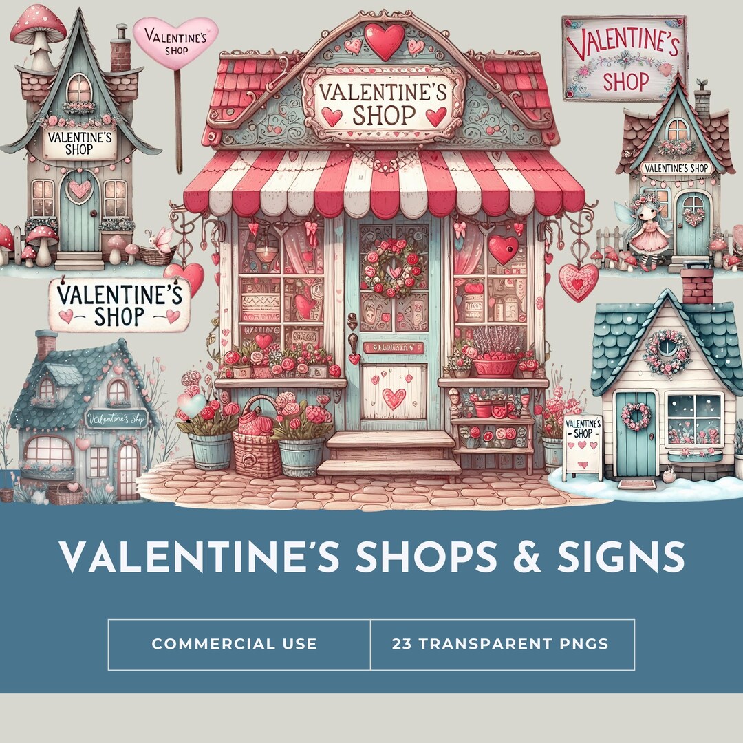 Vintage Valentines Shop Front Clipart With Romantic Flowers, Heart ...