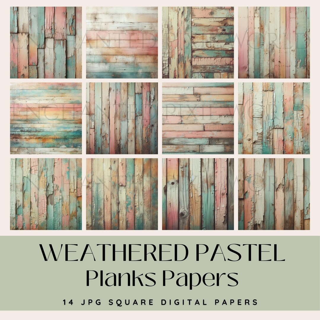 Weathered Pastel Planks Digital Papers - Rustic Wood, Distressed ...