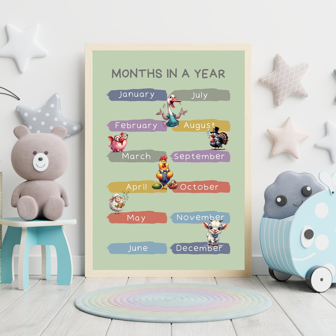 Months in a Year Farm Animals Poster Boho Kids Colorful Learning Decor ...