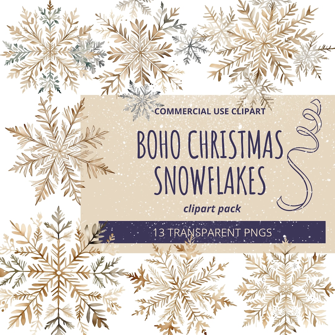 Boho Christmas Snowflakes Clipart Pack, Watercolor Traditional Picture ...